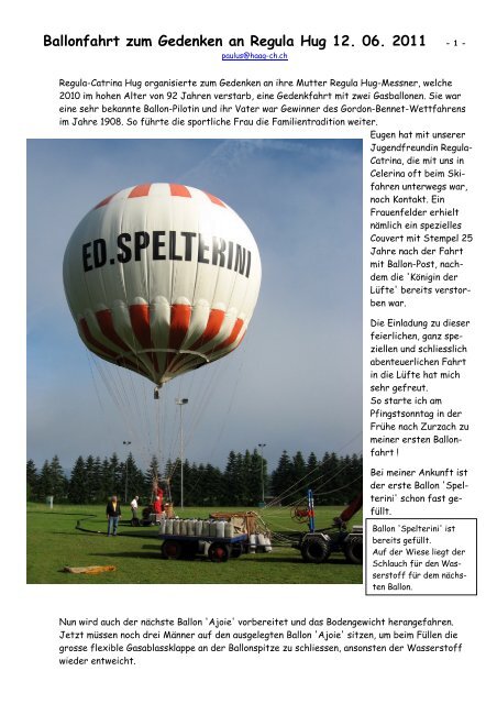 Ballonfahrt zum Gedenken an Regula Hug 12. 06. 2011 - 1