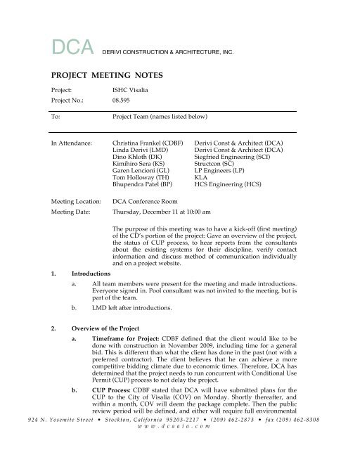 PROJECT MEETING NOTES - Derivi Construction & Architecture, Inc.