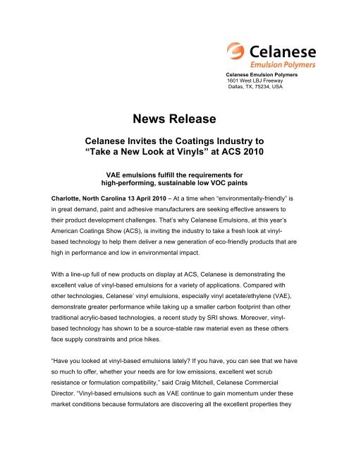 Celanese Emulsion Polymers- ACS Overview ... - Creamer Media