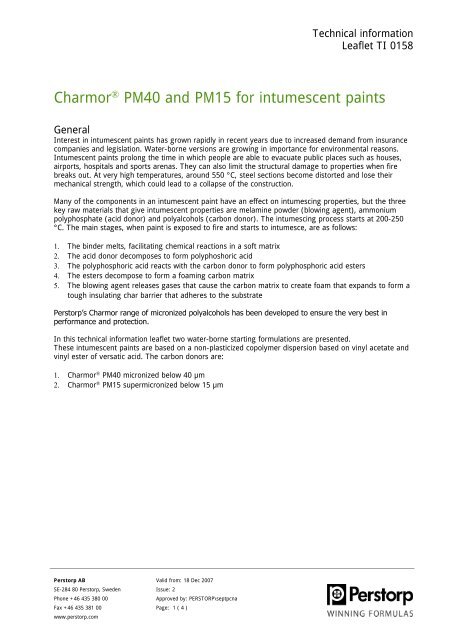 Charmor® PM40 and PM15 for intumescent paints - Perstorp Polyols