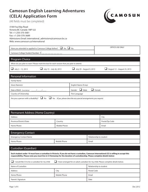 (CELA) Application Form - Camosun College