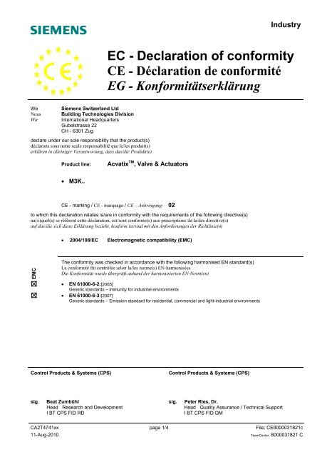 Declaration of conformity CE - Déclaration de conformité EG - Siemens