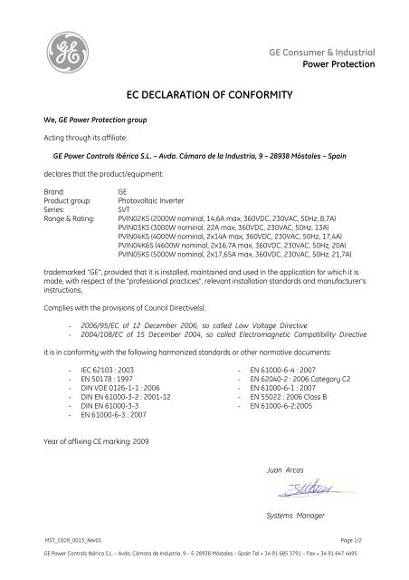 EC DECLARATION OF CONFORMITY - GE Power Controls