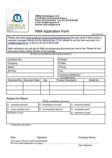 RMA Application Form - Omega