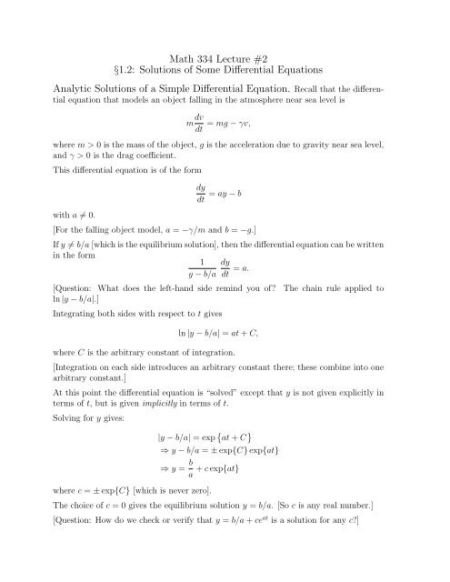 Math 334 Lecture #2 §1.2: Solutions of Some Differential ... - BYU Math