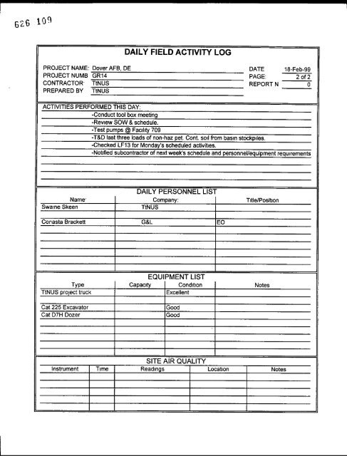 DAILY FIELD ACTIVITY LOG