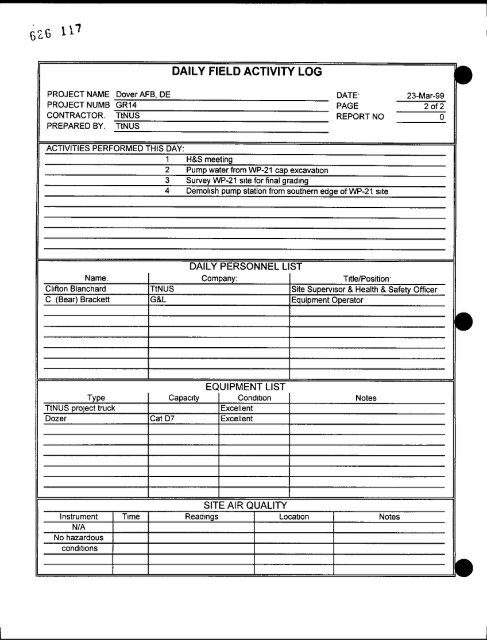 DAILY FIELD ACTIVITY LOG