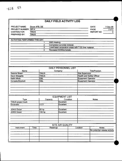 DAILY FIELD ACTIVITY LOG