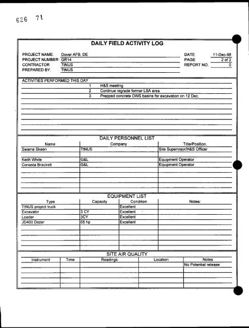DAILY FIELD ACTIVITY LOG