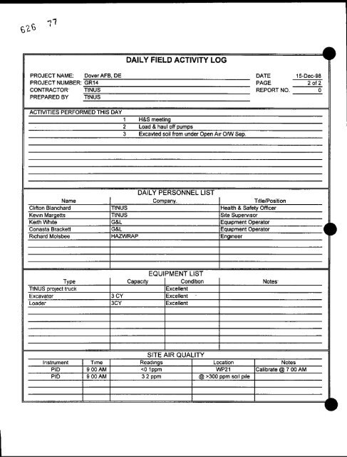 DAILY FIELD ACTIVITY LOG