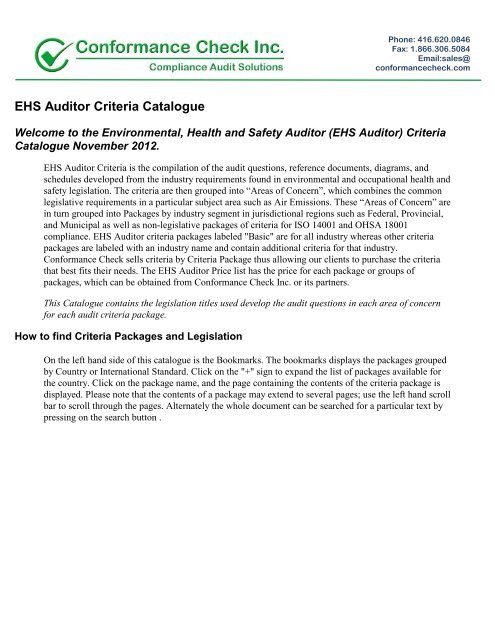 EHS Auditor Criteria Catalog - Conformance Check Inc.