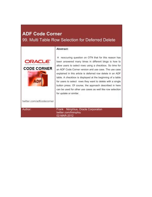 ADF Code Corner: Multi table row selection for deferred ... - Oracle