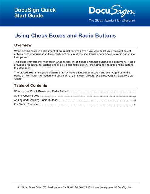DocuSign Quick Start Guide Using Check Boxes and Radio Buttons