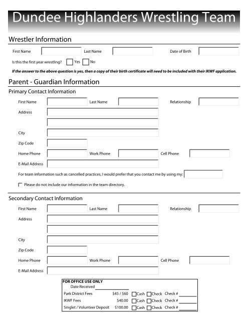 Dundee Highlanders Wrestling Team Registration Form