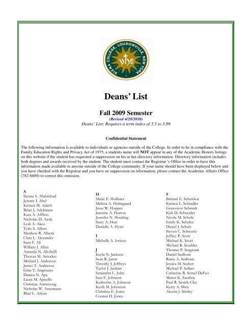 Deans List Fall 2009.pub - Siena College