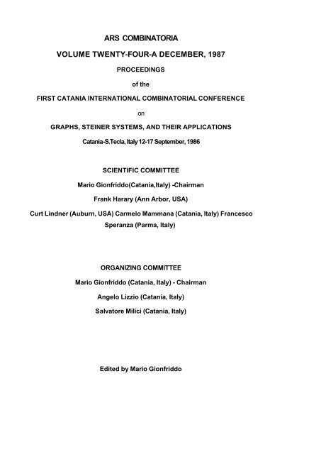 ARS COMBINATORIA VOLUME TWENTY-FOUR-A DECEMBER, 1987