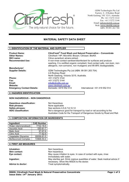 msds citrofresh food wash concentrate - CitroLife