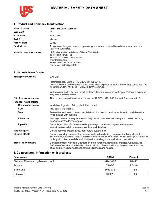 Material Safety Data Sheet (MSDS) Aerosol - LPS Laboratories