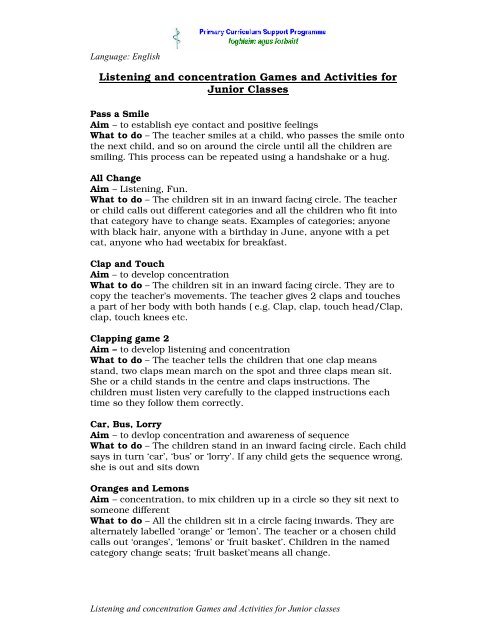 Listening and concentration Games and Activities for Junior Classes
