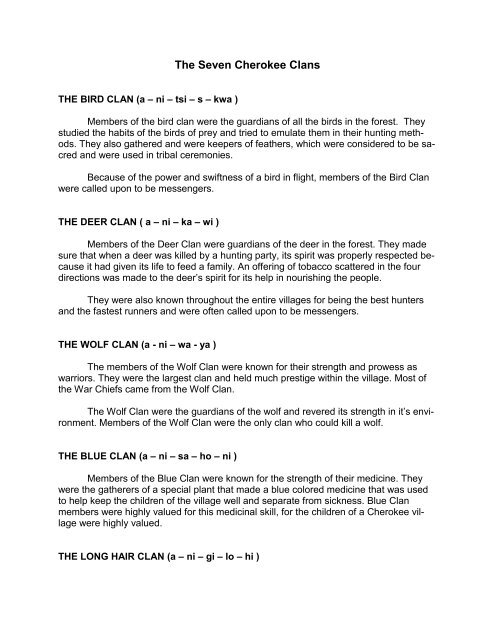 The Seven Cherokee Clans