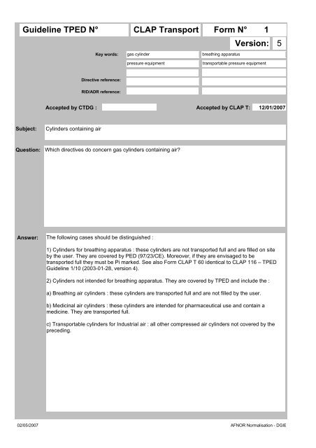 Version: 5 1 CLAP Transport Form N° Guideline TPED N° - Afnor