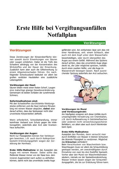 Erste Hilfe bei Vergiftungsunfällen Notfallplan Verätzungen - PUR