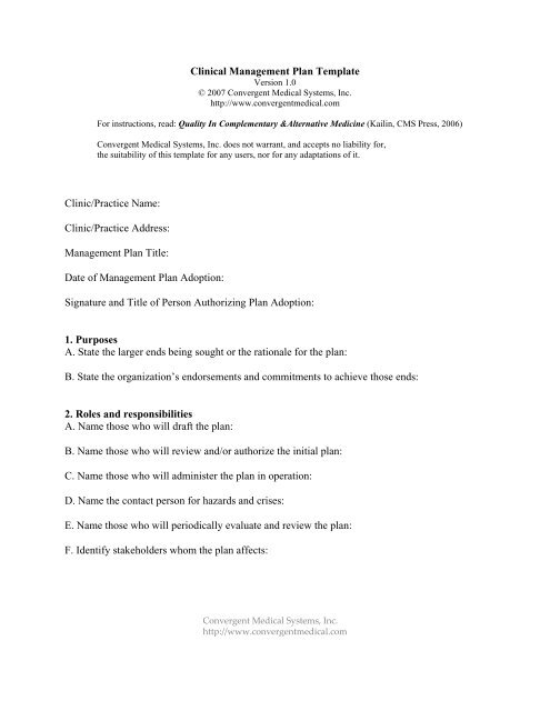 Clinical Management Plan Template Clinic/Practice Name: Clinic ...