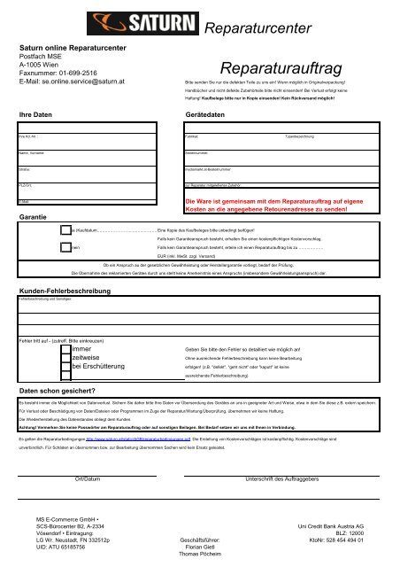 Reparaturauftrag - Saturn