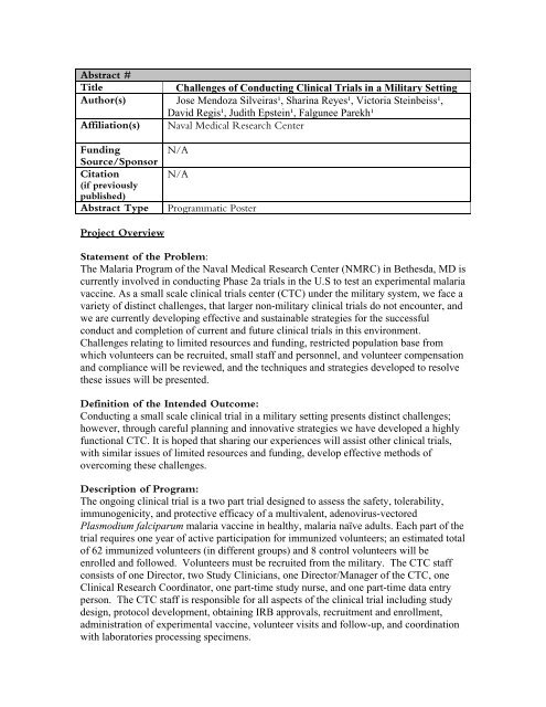 Project Overview Statement of the Problem: The Malaria Program of ...