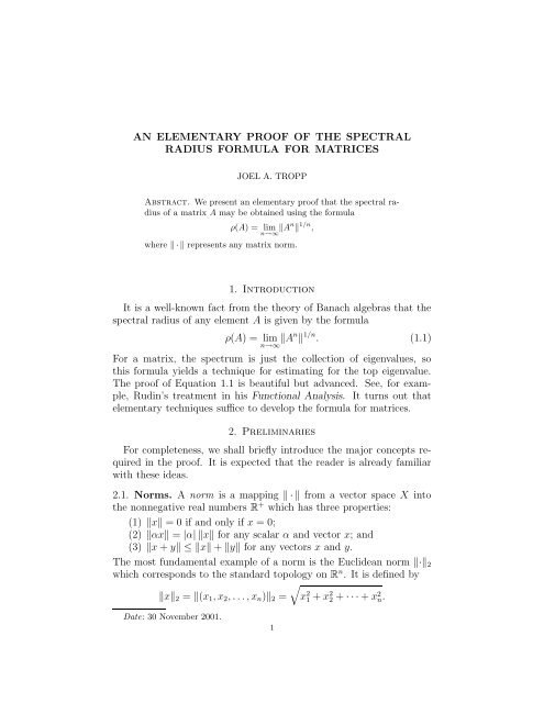 AN ELEMENTARY PROOF OF THE SPECTRAL RADIUS FORMULA ...