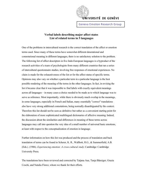 Verbal labels describing major affect states List of related terms in 5 ...