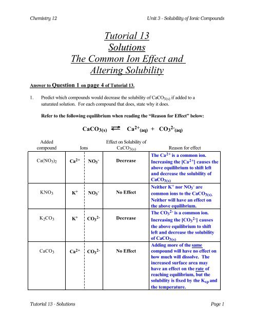 Tutorial 13 Solutions The Common Ion Effect and ... - colgur chemistry