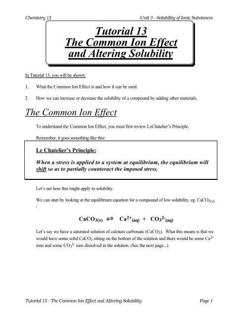 Tutorial 13 The Common Ion Effect and Altering ... - colgur chemistry