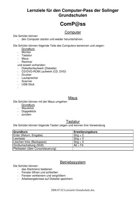 Lernziele für den Computer-Pass der Solinger Grundschulen ComP ... Lernziele für den Computer-Pass der Solinger Grundschulen ComP ...
