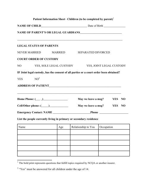 Child History Form - Psychology Associates of Chester County