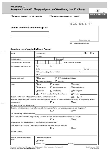 Formular SGD-So/E-17: Pflegegeld - Antrag nach dem Oö - Scharten