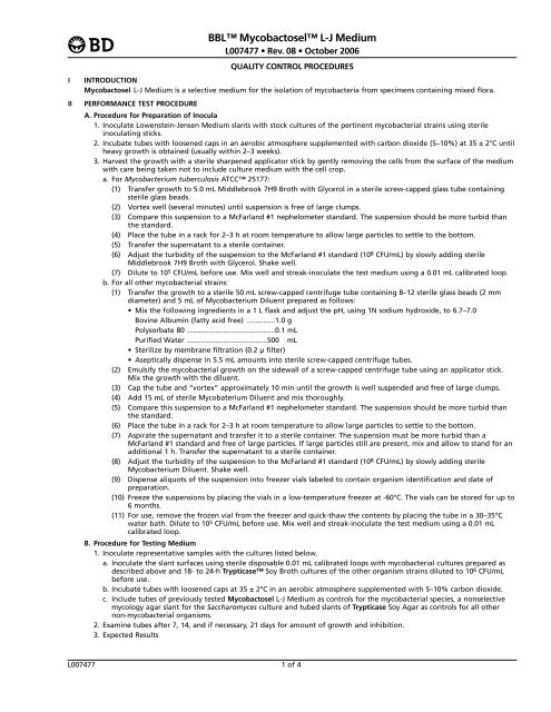 BBL Mycobactosel LJ Medium Slants - BD