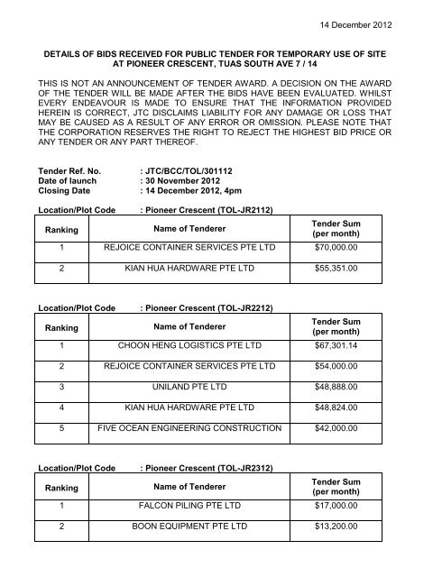 14 December 2012 DETAILS OF BIDS ... - JTC Corporation