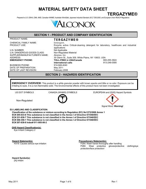 MATERIAL SAFETY DATA SHEET TERGAZYME® - Alconox, Inc.