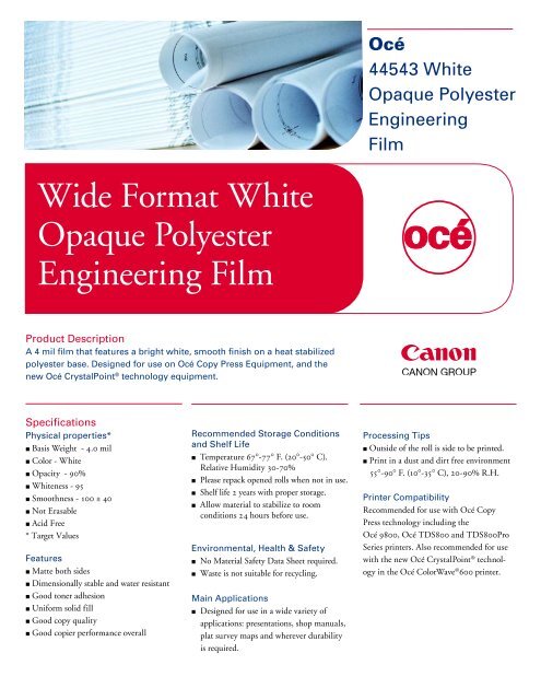Wide Format White Opaque Polyester Engineering Film