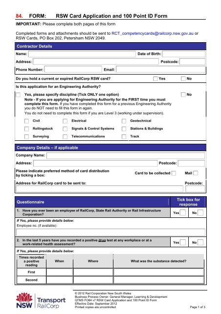 RSW Card Application and 100 Point ID Form - RailSafe