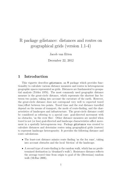 R package gdistance: distances and routes on geographical grids ...