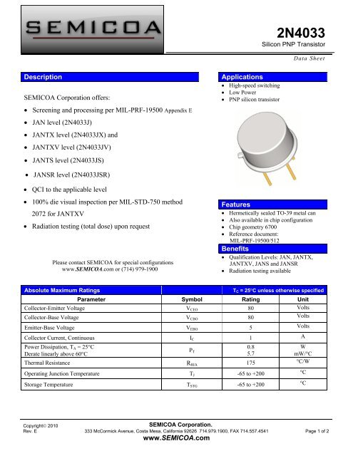 Semicoa 2N4033 PNP Transistor