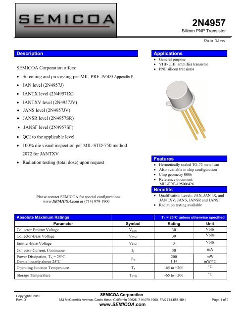 Semicoa 2N4957 PNP Transistor