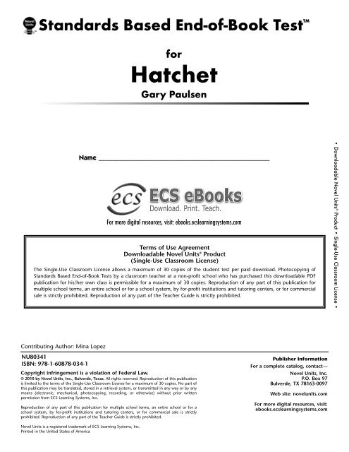 Standards Based End-of-Book Test™ for Hatchet Gary Paulsen
