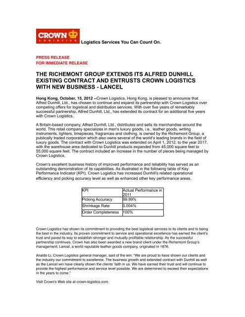 the richemont group extends its alfred dunhill ... - Crown Worldwide