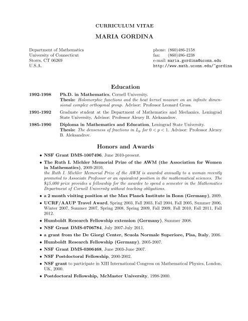 MARIA GORDINA Education Honors and Awards - Department of ...