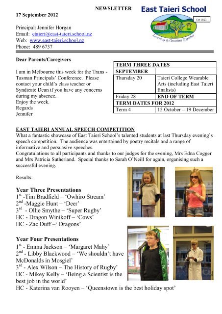 Taieri College Logo Year Three Presentations 1 Tim Bradfield ...