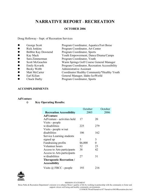 NARRATIVE REPORT - RECREATION - Boise Parks & Recreation