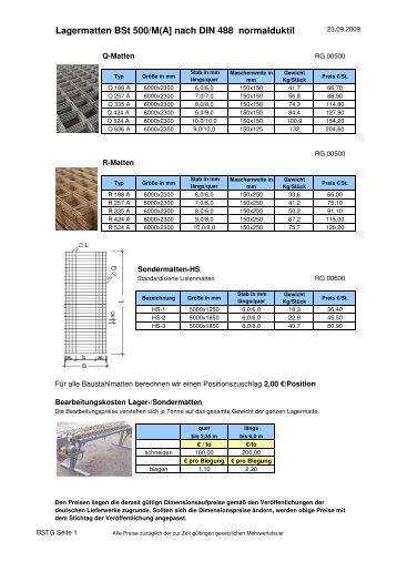 DIN 488 Teil 2 (Betonstahl) Masse und Gewichte